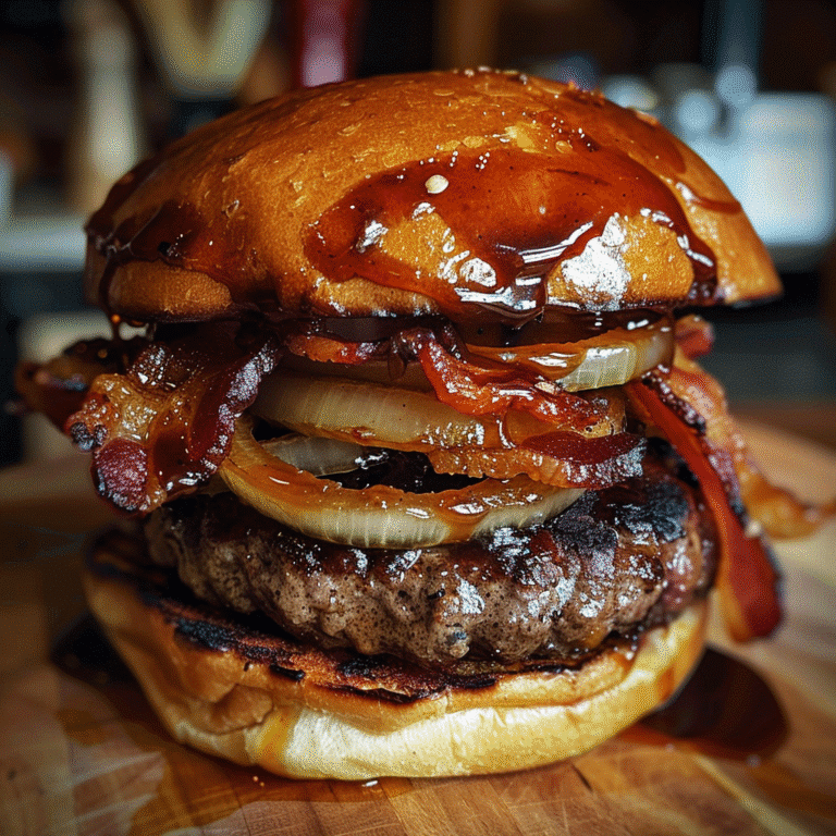 Maple Bourbon BBQ Bacon Burger with Caramelized Onions