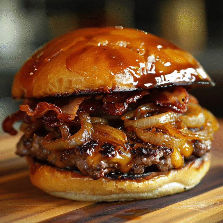Maple Bourbon BBQ Bacon Burger with Caramelized Onions