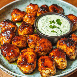 Spicy Honey Glazed Chicken Bites with Creamy Cilantro Dip