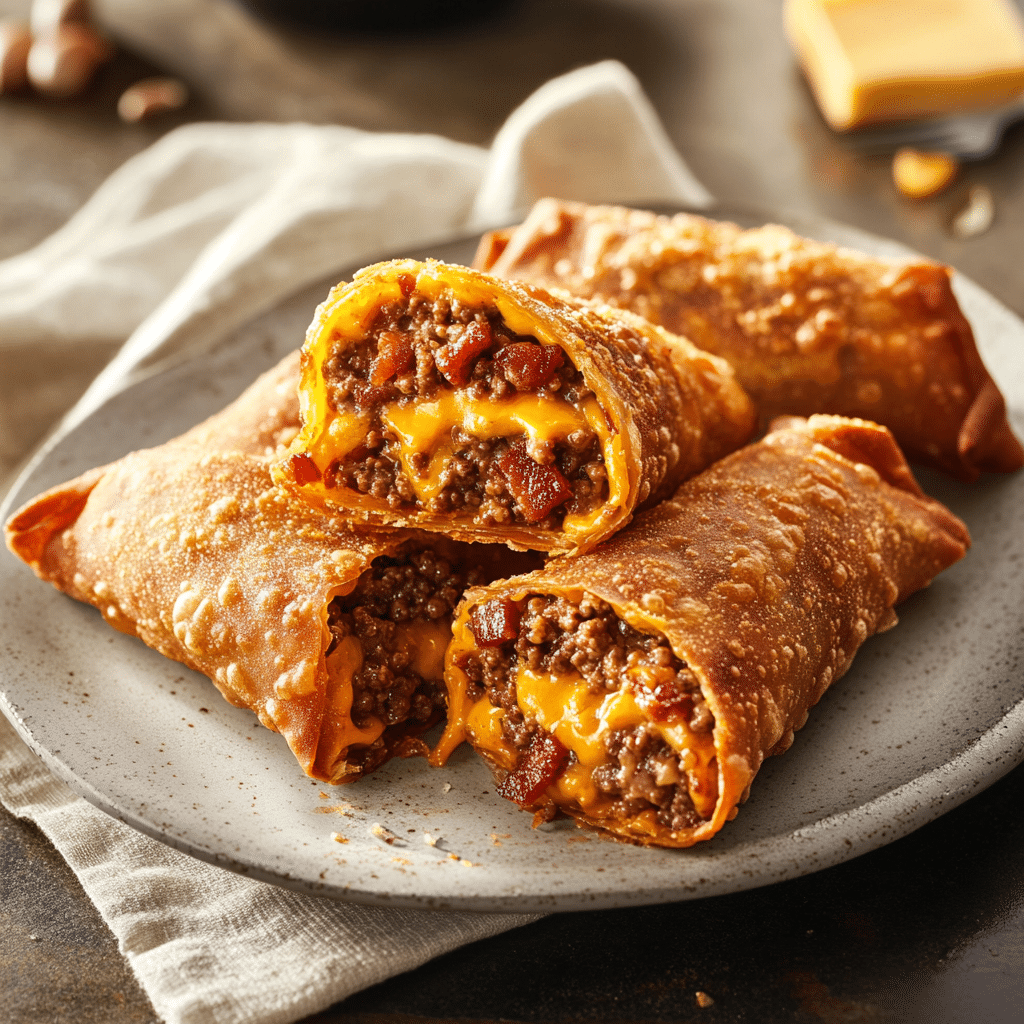 Crunchy Deep-Fried Garlic Butter Bacon Cheeseburger Egg Rolls