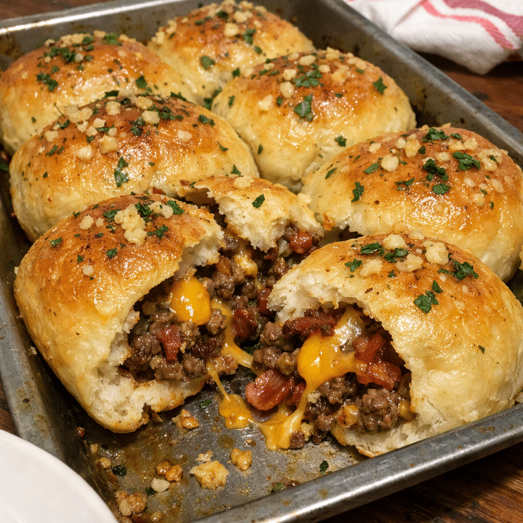 Garlic Butter Bacon Cheeseburger Stuffed Dinner Rolls